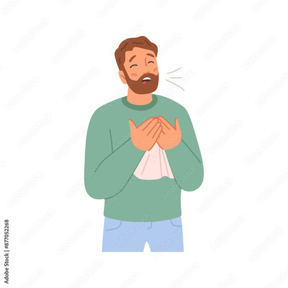 Man having flu, coughing person with running nose, flat cartoon vector ...