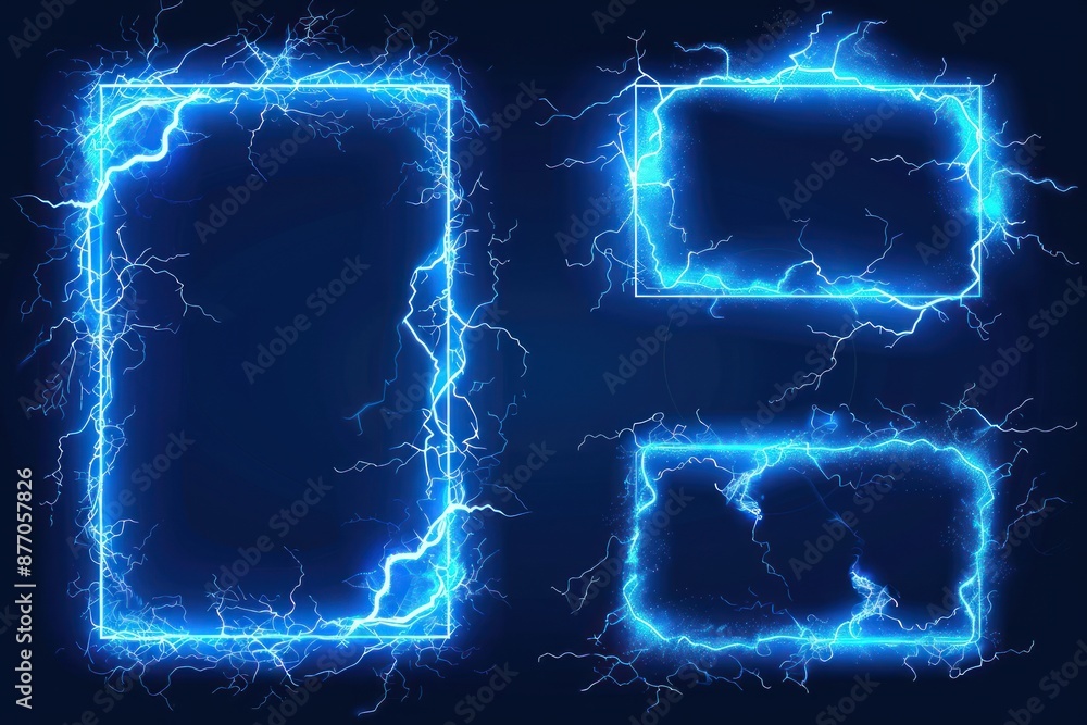 Lightning frames, blue electric borders of rectangular and square ...