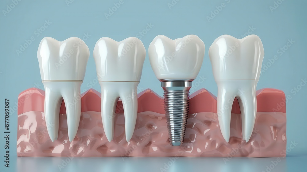 An educational image showing dental implants mounted on a model of gums ...