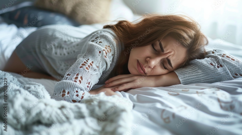 Woman lying on bed with menstrual pain and cramps, having period ...