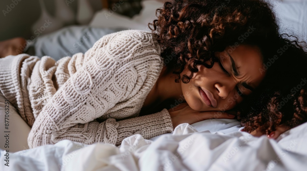 Woman lying on bed with menstrual pain and cramps, having period ...