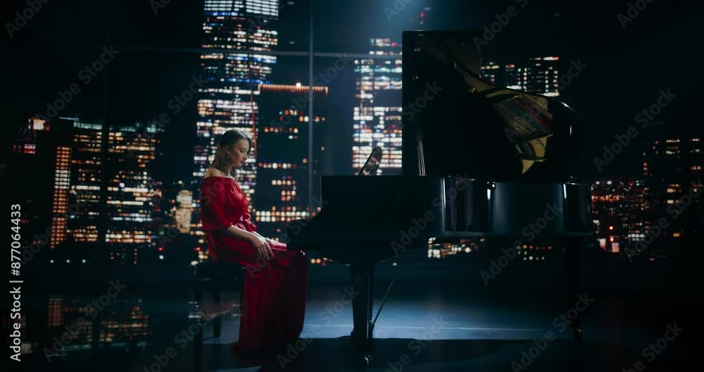 Portrait of a Beautiful Caucasian Female Pianist Sits Down at a Grand ...