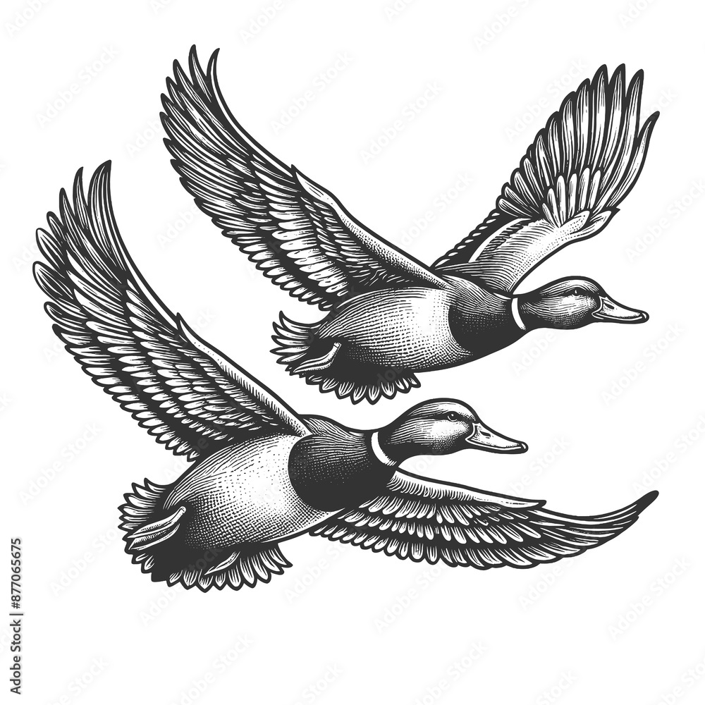 pair of mallard ducks in flight, showcasing detailed feather patterns ...