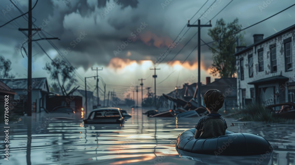 Foto de A child on an inflatable raft in a flooded town, highlighting ...