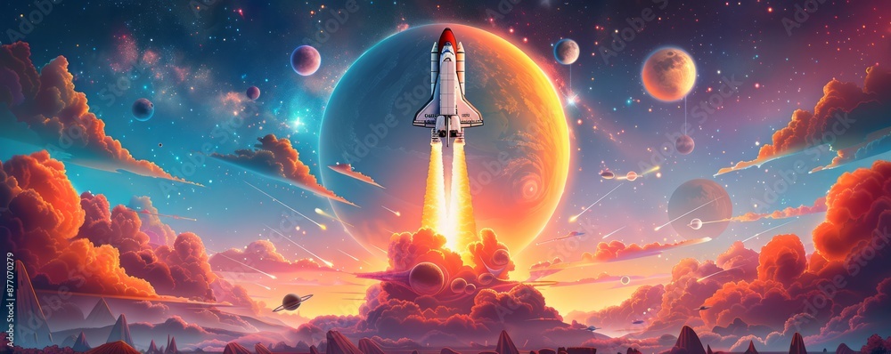 a hyperreal wallpaper of a space shuttle taking off from a vibrant ...