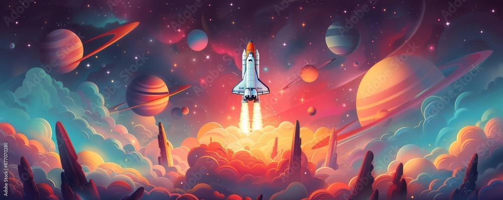 a hyperreal wallpaper of a space shuttle taking off from a vibrant ...