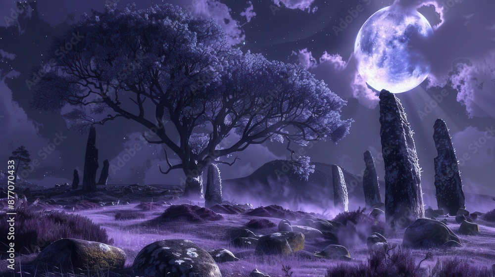 ethereal moonlit landscape with twisted trees casting long shadows ...