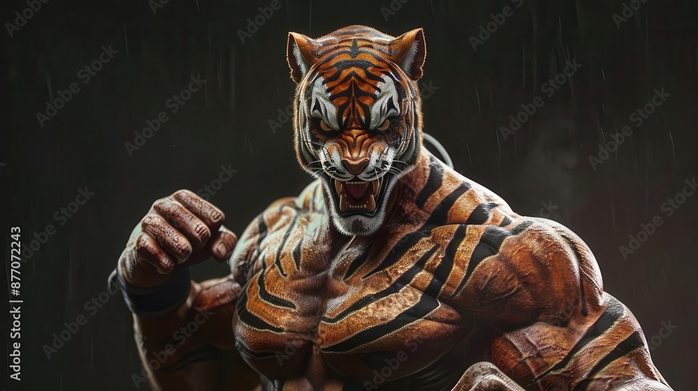 fierce anthropomorphic tiger wrestler muscles rippling beneath striped ...