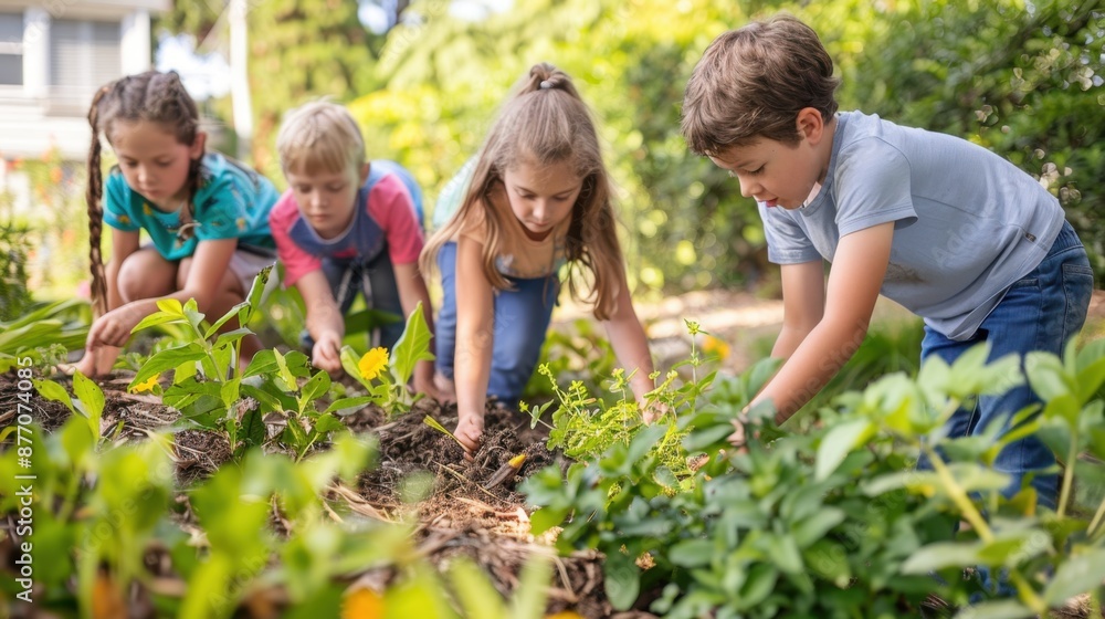 Children organizing a scavenger hunt, clues and treasures, garden ...