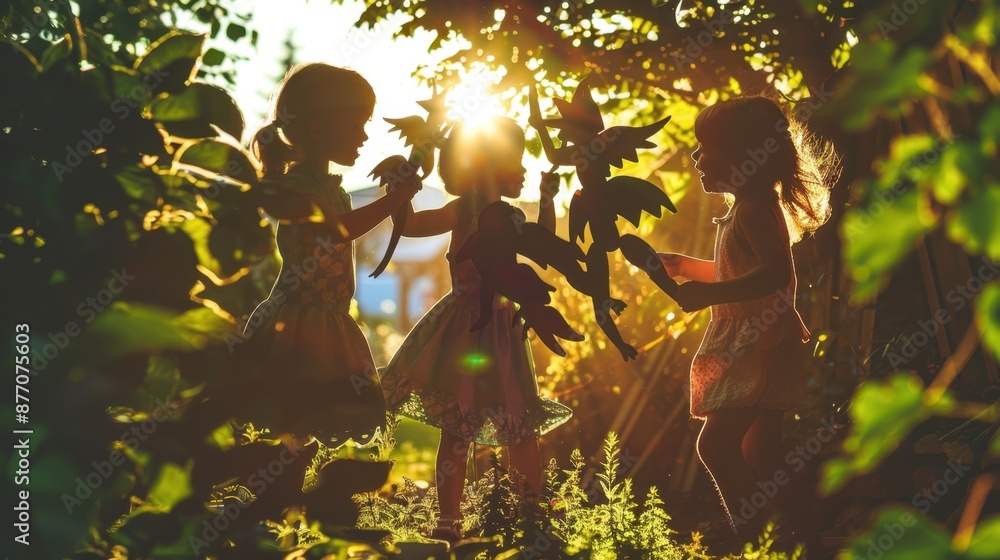 Kids playing with shadow puppets at sunset, imaginative play, garden ...