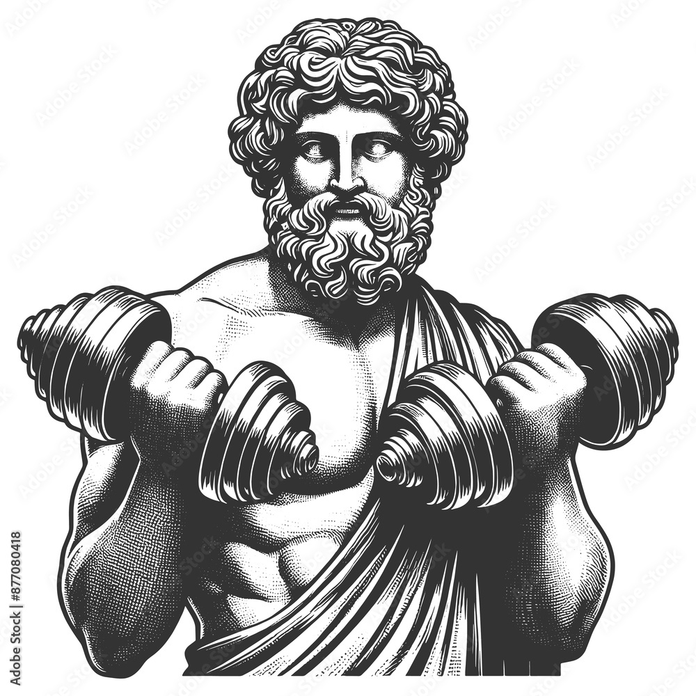 ancient Greek statue lifting heavy dumbbells, modern fitness themes ...
