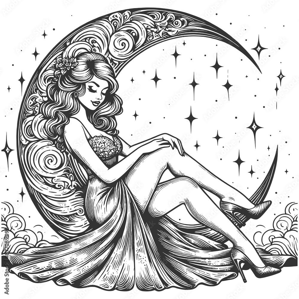 elegant pin-up girl woman seated in a crescent moon, evoking Art ...