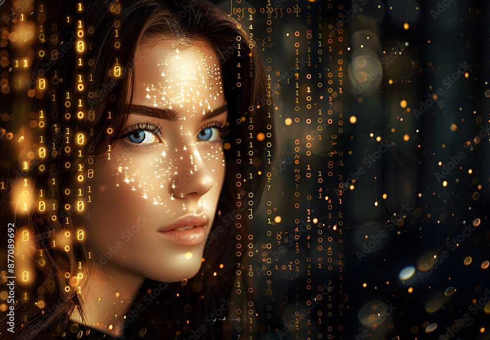 Female face against binary code. Humans look at the camera from matrix ...