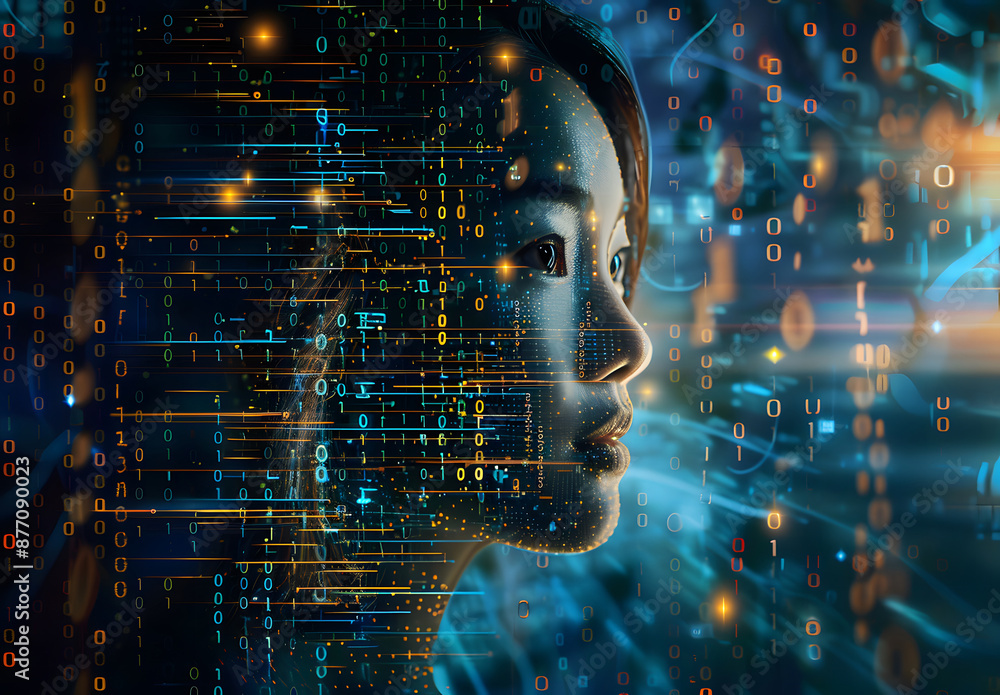Female face against binary code. Humans look at the camera from matrix ...