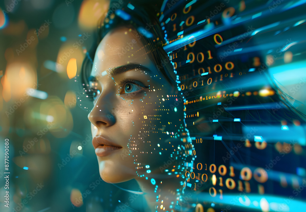 Female face against binary code. Humans look at the camera from matrix ...