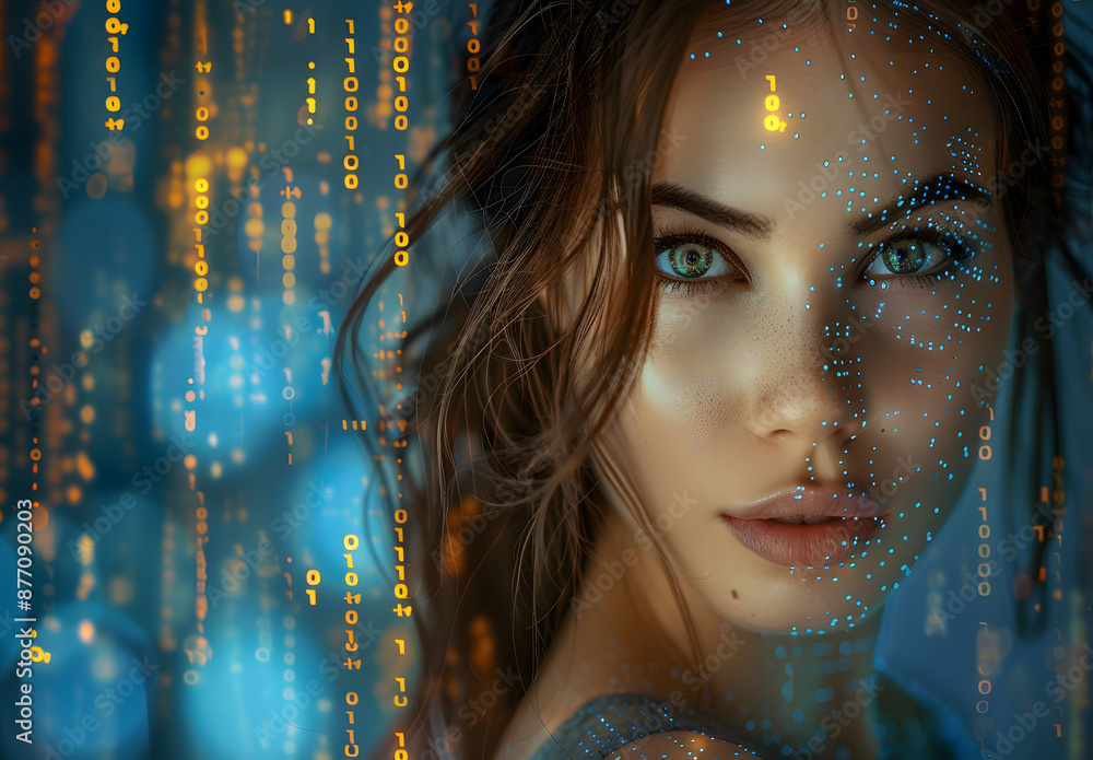 Female face against binary code. Humans look at the camera from matrix digital signs and numbers ...