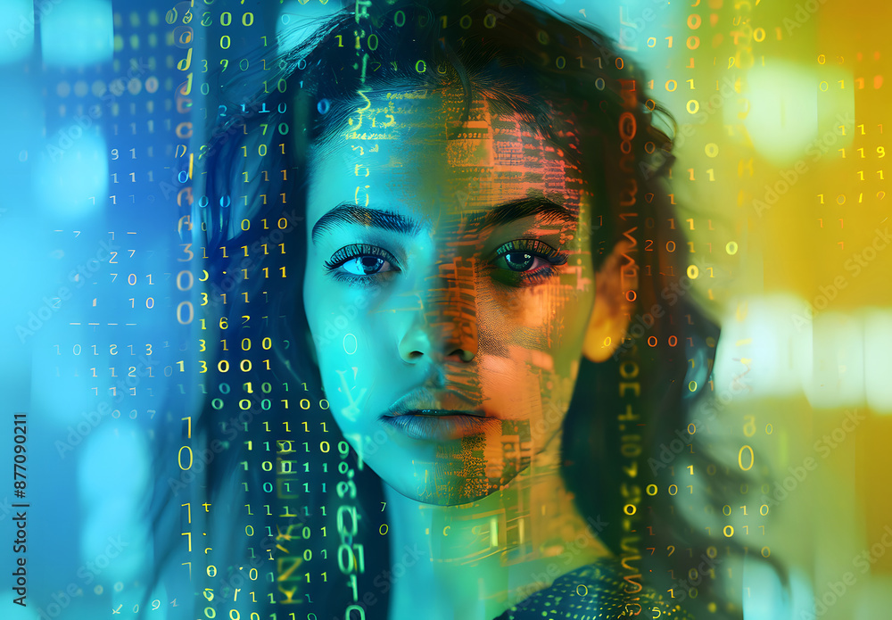 Female face against binary code. Humans look at the camera from matrix ...