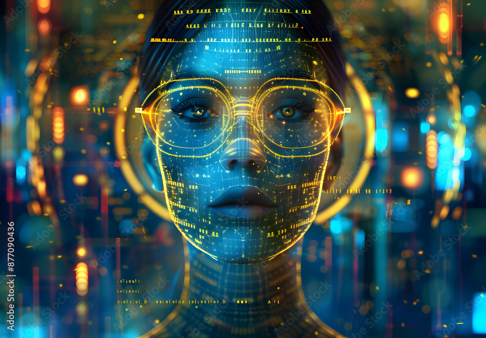 Female face against binary code. Humans look at the camera from matrix ...