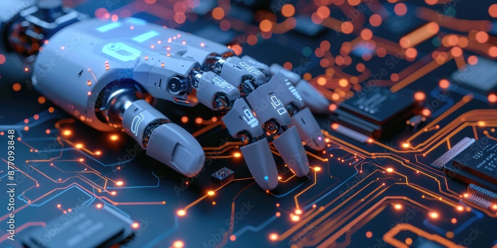 Robotic Hand Interacting With A Circuit Board Featuring Glowing Orange Data Lines The Design