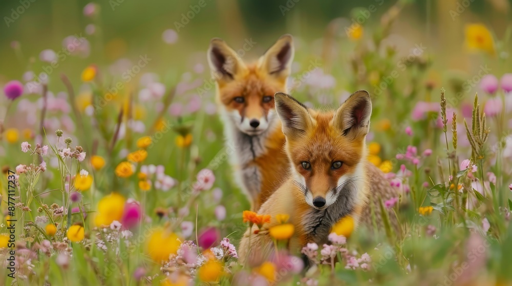 Two foxes in a field of wildflowers One fox gazes at the camera, while ...