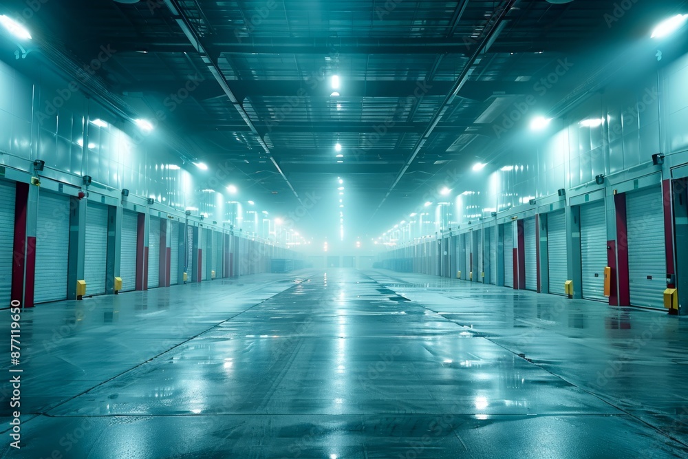 Interior view of a cold storage warehouse with rows of refrigerated ...