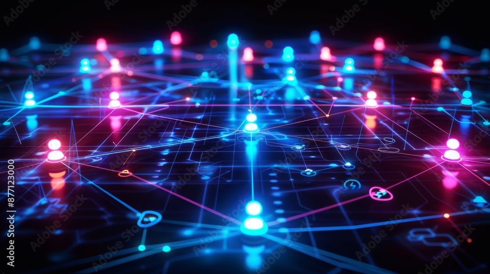 neon illustration of Abstract representation of interconnected nodes or ...