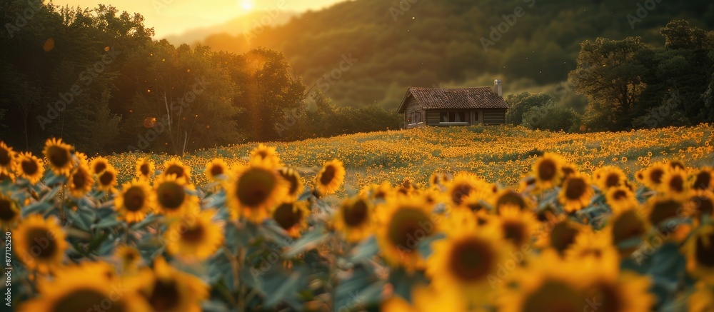 Travel through sunflower fields at sunset with a forest backdrop and ...