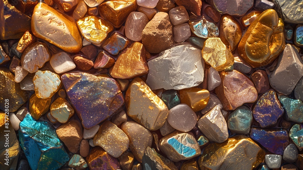Array of shimmering golden stones illuminated by sunlight texture ...