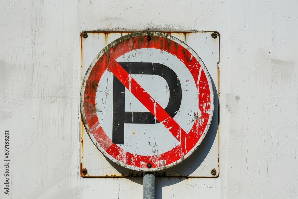 Weathered no parking sign on a metal pole against a white background ...