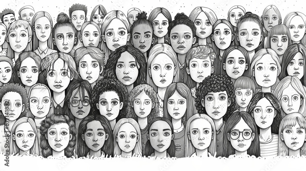 An illustration featuring a diverse array of hand-drawn faces with ...