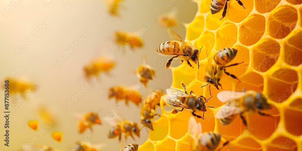 Honeycomb background with bees for conservation branding and product ...