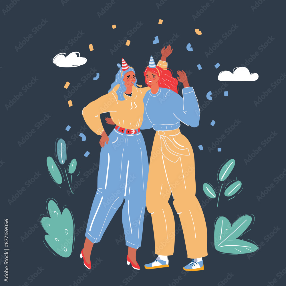 Cartoon vector illustration of woman celebrate together on dark. Stock ...