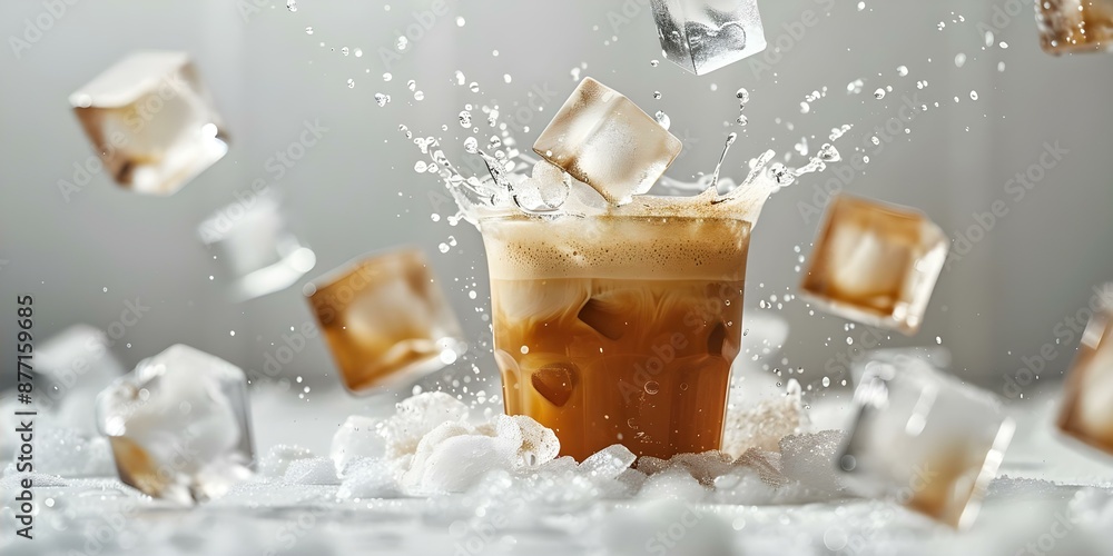 Ice cubes dropped into coffee with cream isolated on white background ...