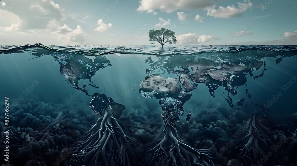 Interconnected World:Tree Roots Emerge from Oceans,Highlighting Marine ...