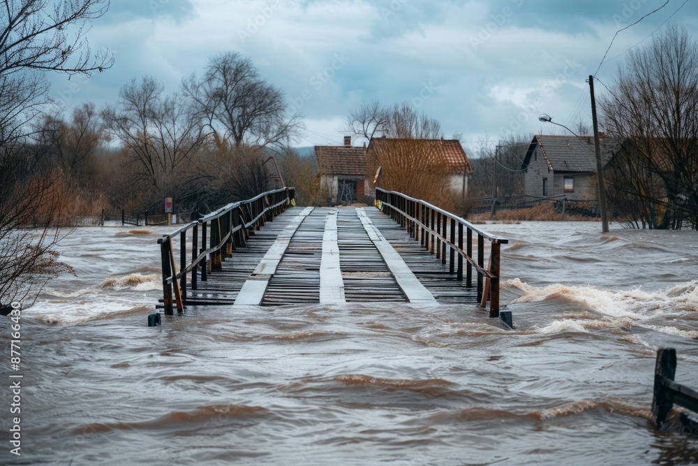 The photo shows a heavily flooded bridge over a river with nearby ...