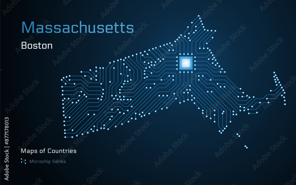 Massachusetts Map with a capital of Boston Shown in a Microchip Pattern ...