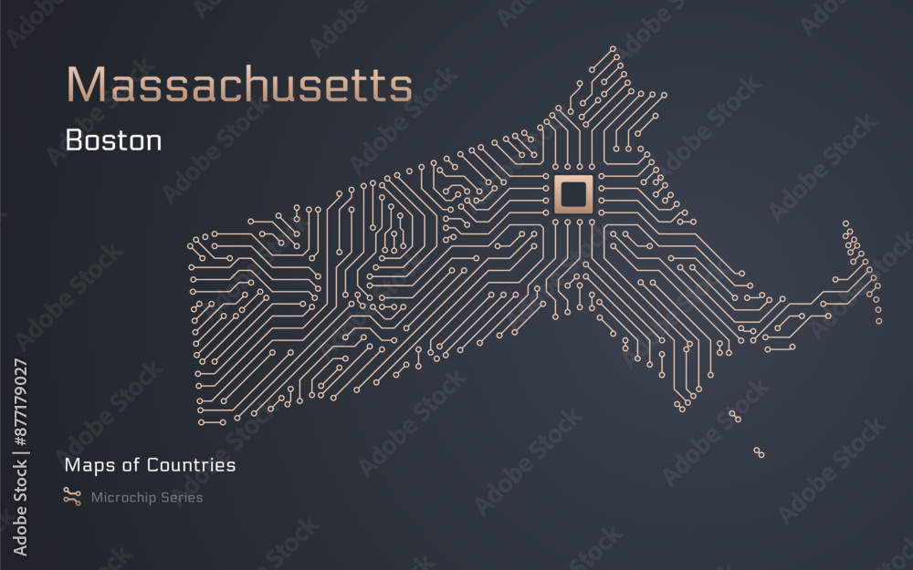 Massachusetts Map with a capital of Boston Shown in a Microchip Pattern ...