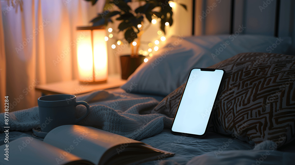 Smartphone mockup on bedside table, blank white screen, app showcase ...