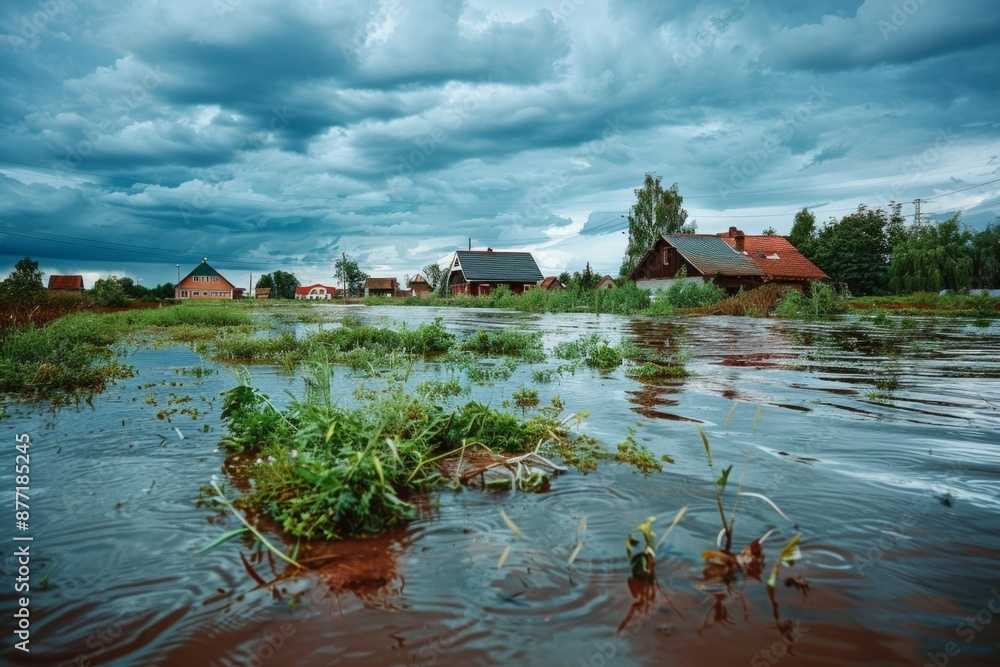 Several houses in a rural village stand in the inundated water, with ...