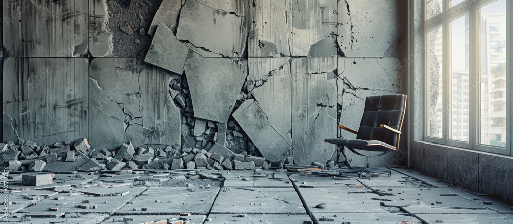 In the office gray tiles are broken cracked and damaged depicting ...
