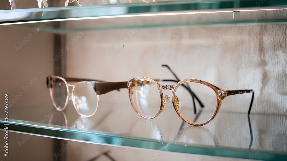 Shelf in a medical store for glasses, ophthalmology. Vision glasses in ...