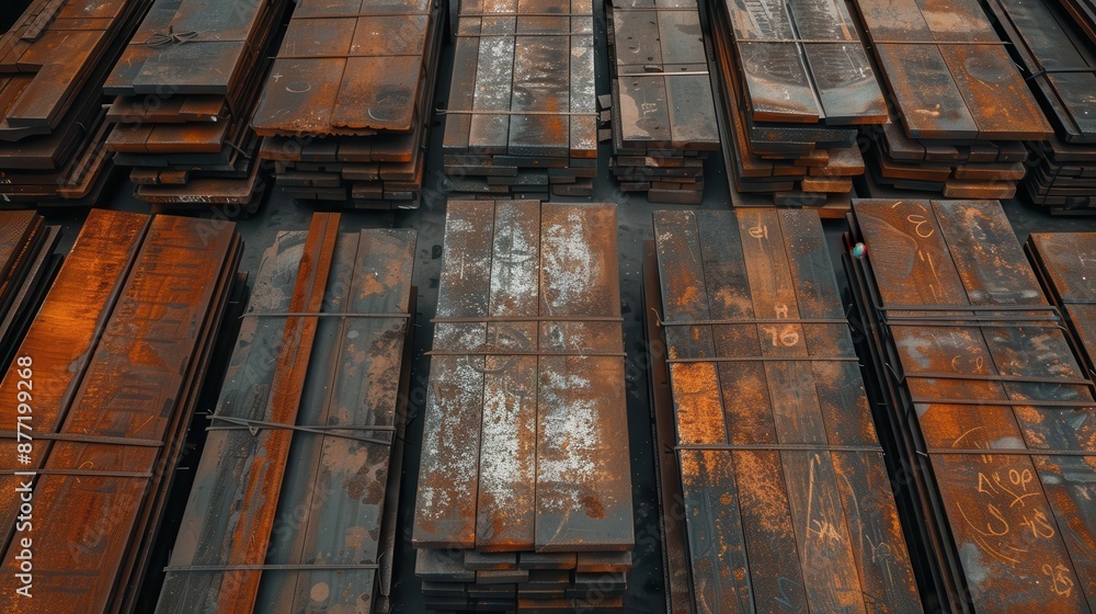 Evenly arranged stacks of rusted metal plates in a warehouse setting ...