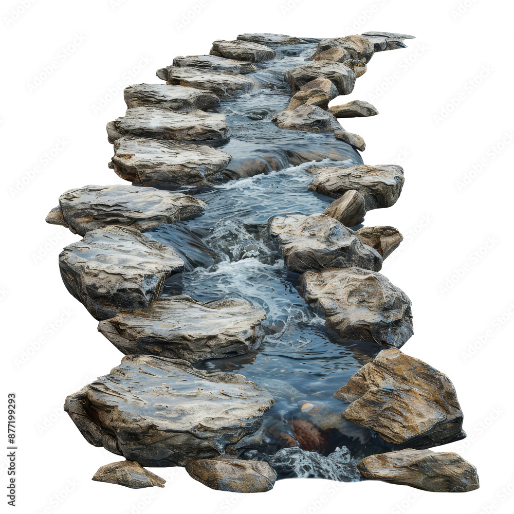 Curved pathway made of large stone slabs with flowing blue water on ...