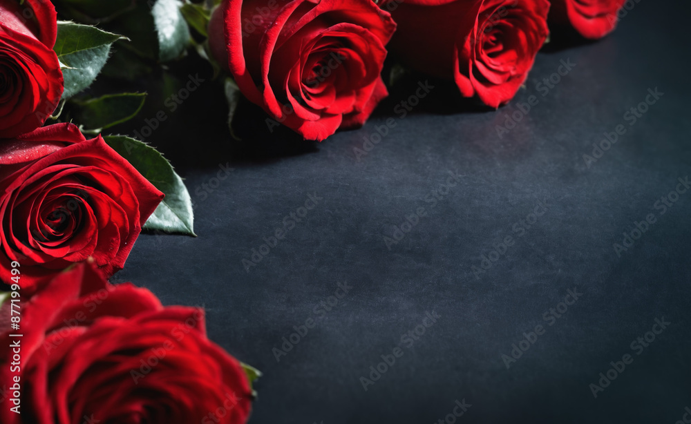 Close-up of a bouquet of dark red roses on a black background. Backdrop ...