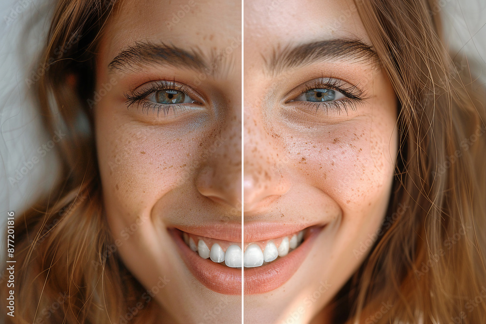 AI generated photo comparison of bright smile before and after Stock ...