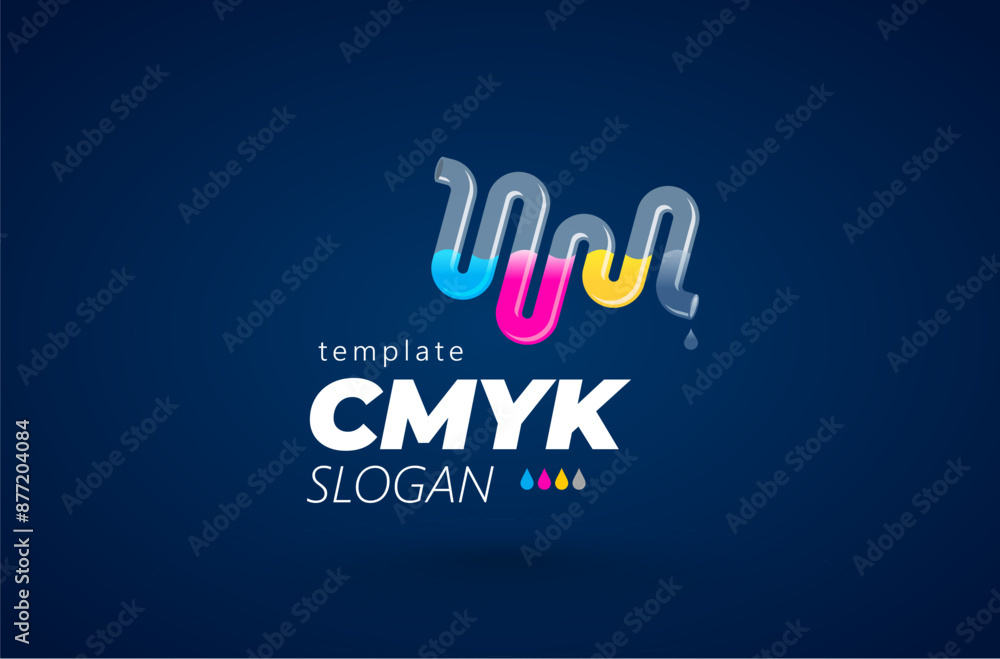 Logo СMYK Printing theme. Ink is flowing through the transparent tube ...