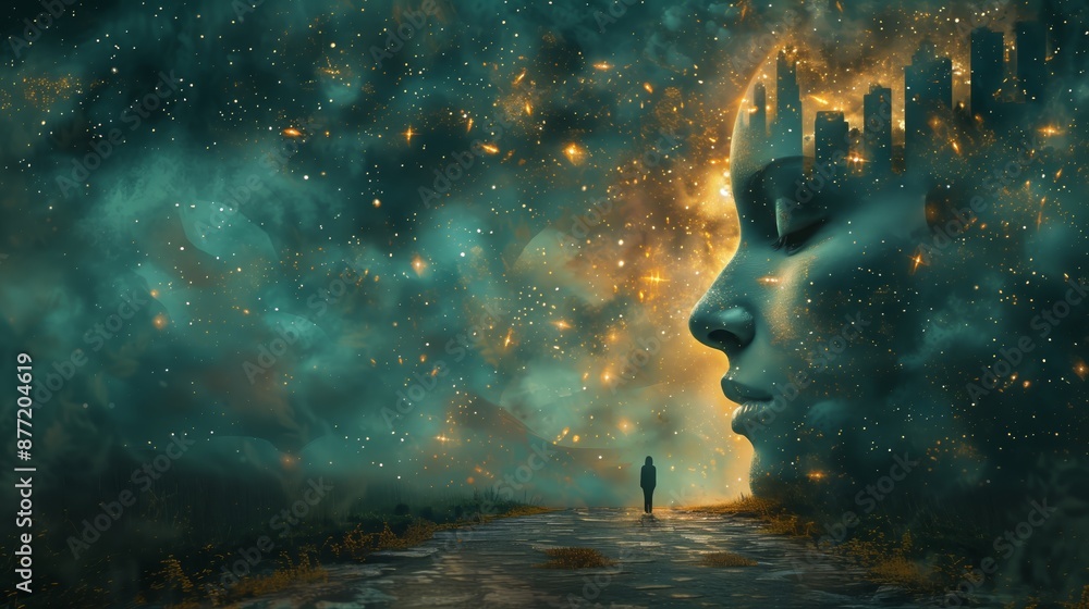 a human silhouette facing an expansive view that merges an illuminated ...