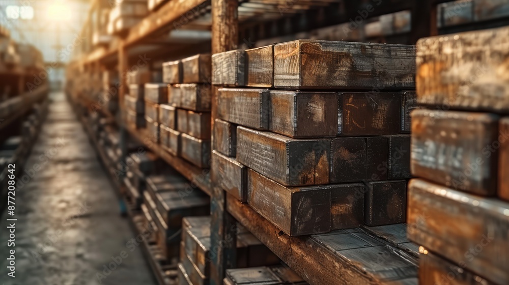 Metal bars neatly stacked and stored in an industrial warehouse ...