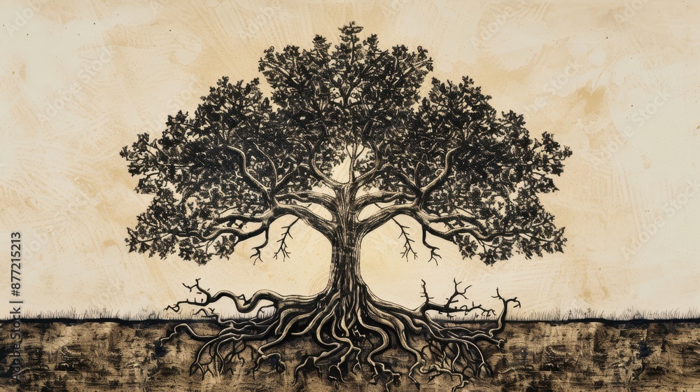 Detailed drawing of a tree with a complex root system, set against a ...