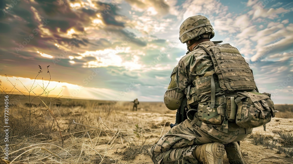 Vigilant Soldier in Combat Gear Kneeling and Scanning Horizon for ...